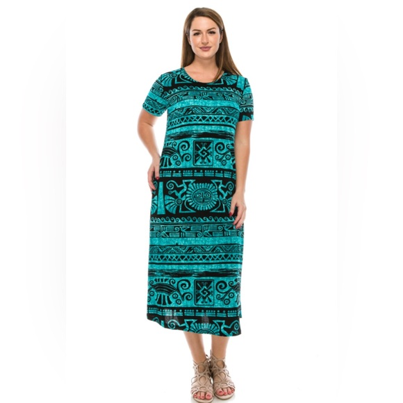 Jostar | Dresses | Jostar Aqua Black Tribal Print Short Sleeve Midi ...